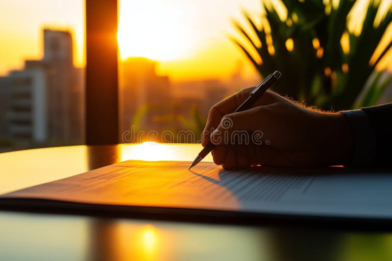 Man Hand Holding Pen, Writing on Document with Sunset View. Warm Light ...