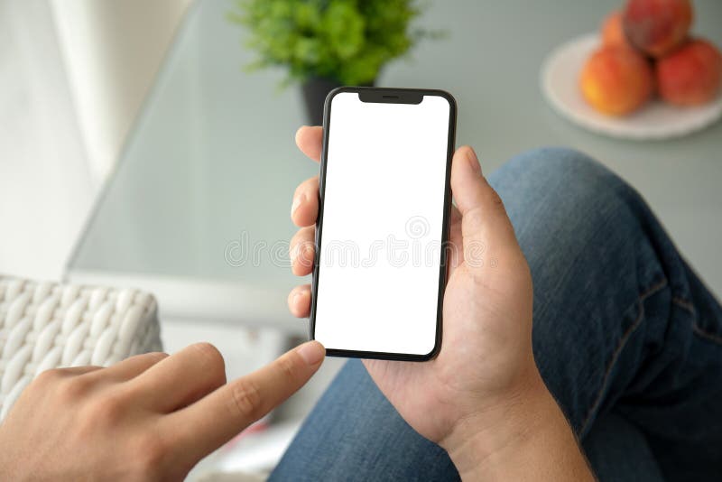 Man Hand Holding Phone with Isolated Screen in Room House Stock Photo ...