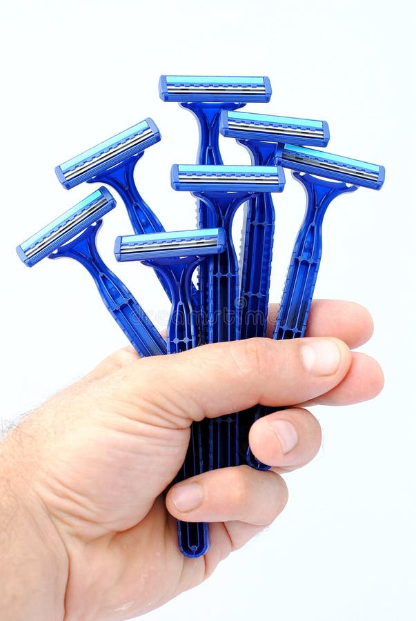 Man Hand Holding Seven Disposable Blue Razors Stock Photo - Image of ...