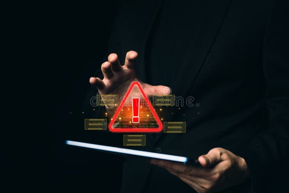 Man Hand Holding Tablet Protecting System Warning Caution Sign for ...