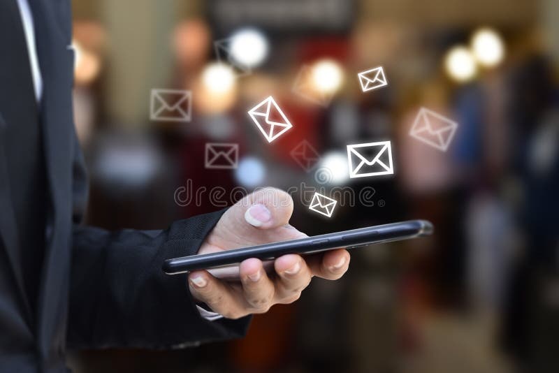 Man Hand Holding Using Mobile Phone with Email Icon on Screen Stock ...