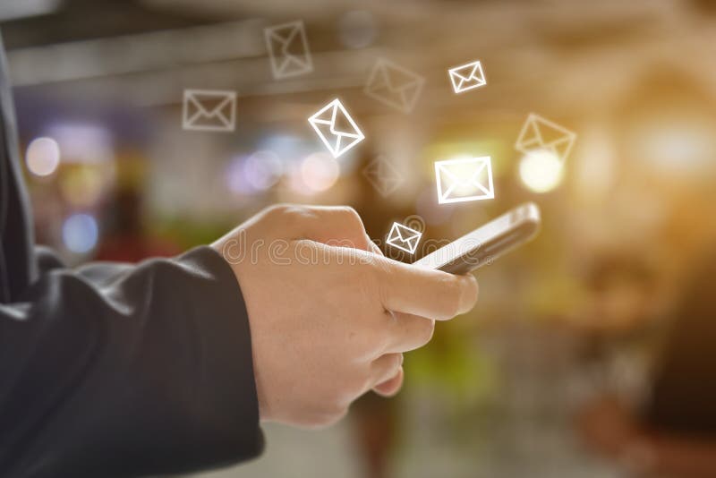 Man Hand Holding Using Mobile Phone with Email Icon on Screen Stock ...