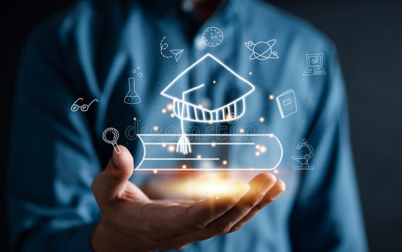 Man Hand Holding Virtual Graduation Cap and Book with Learning Educate ...