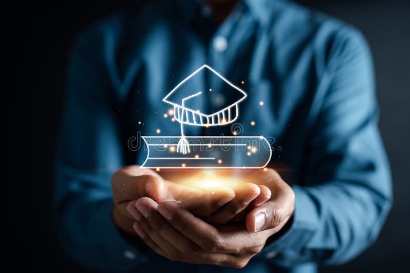 Man Hand Holding Virtual Graduation Cap and Book with Learning Educate ...