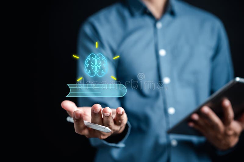 Man Hand Holding Virtual Light Bulb Brain and Book with Learning ...
