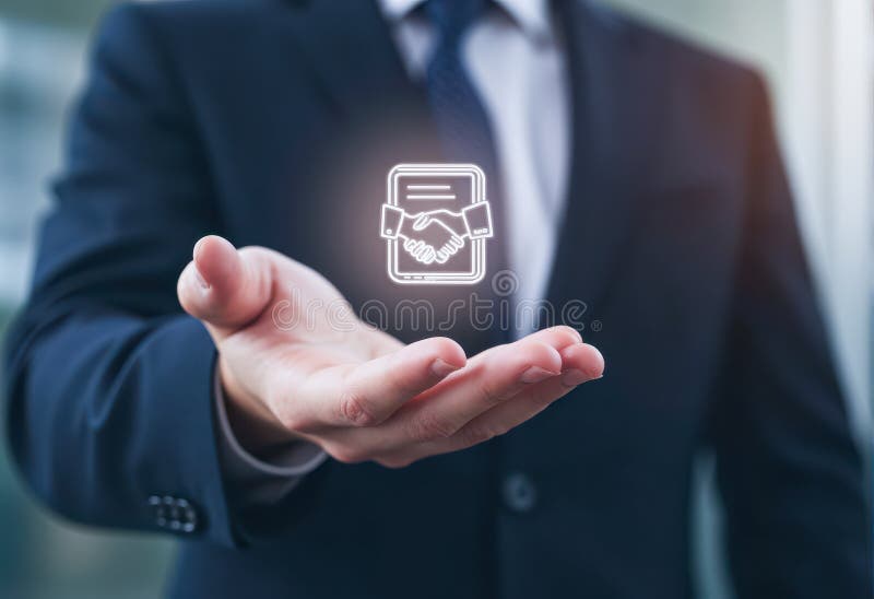 Businessman Presenting Glowing Digital Contract Icon, this Amazing ...