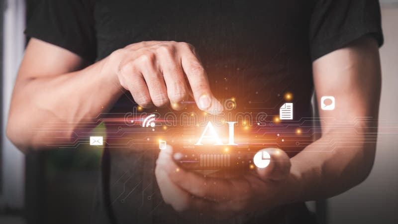 Man Hand Holds the Interface Technology AI Which is Virtual Screen ...