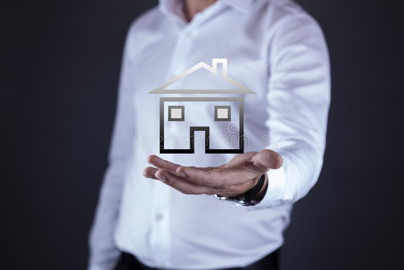 Man Hand House Model in Screen Stock Photo - Image of construction ...