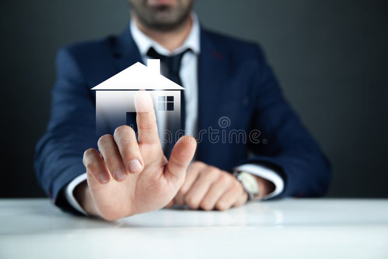 Man Hand House Model in Screen Stock Image - Image of estate, concept ...