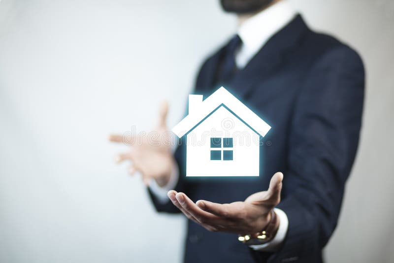 Man Hand House on Virtual Screen Stock Image - Image of mortgage ...