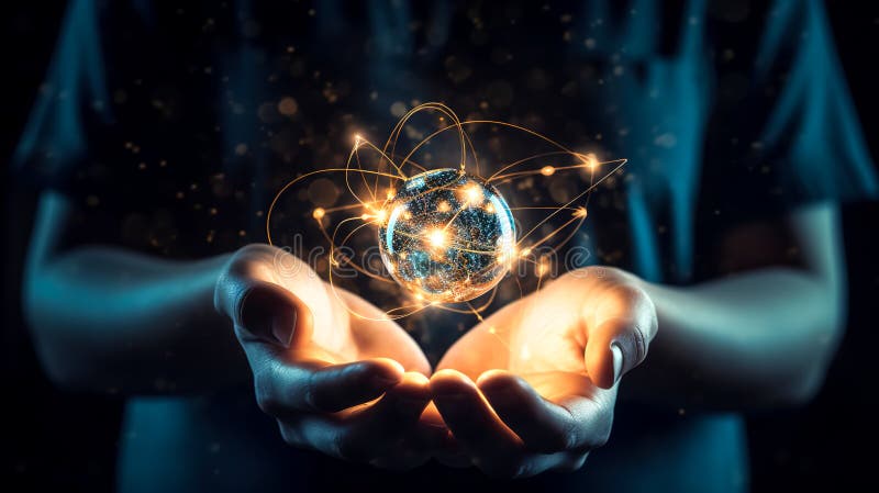 Hands Show an Atom on a Dark Blurred Background, Generative AI. Stock ...