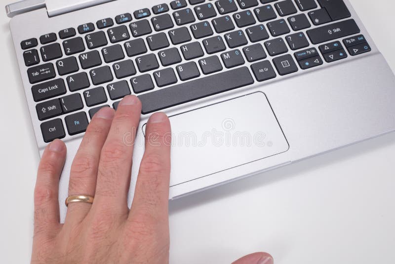 Man Hand on Laptop Keyboard Mouse Tracking Pad Stock Photo - Image of ...
