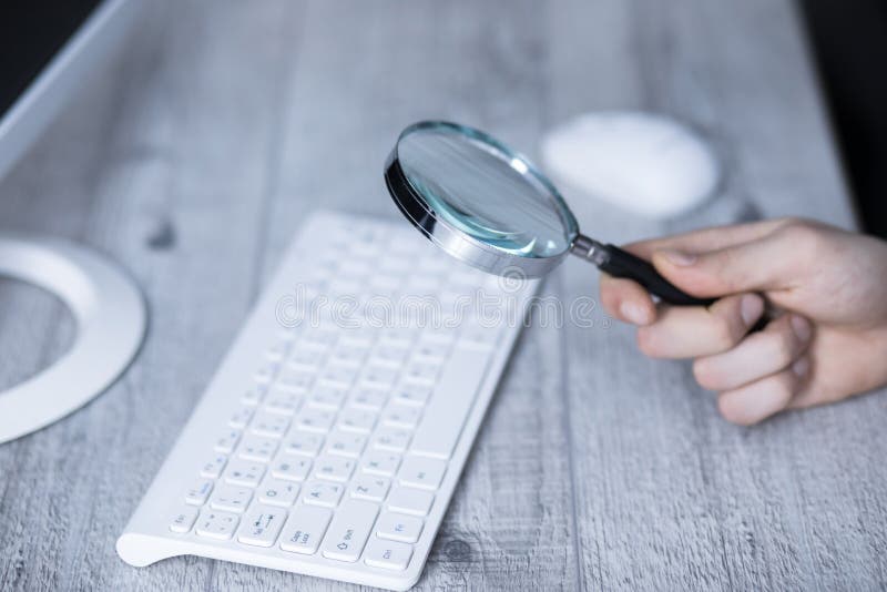 Man Hand Magnifier on Keyboard Stock Image - Image of modern, laptop ...