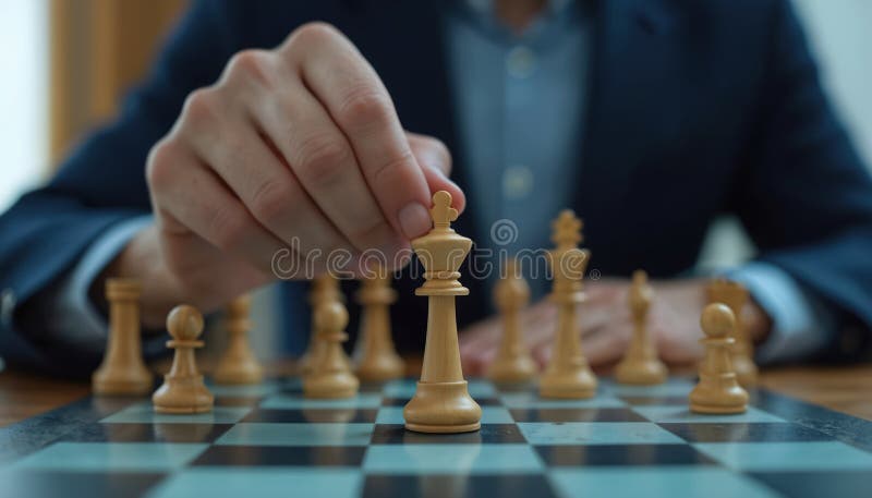 Man Hand Moves White Chess King Piece on Chessboard. Strategy Game ...