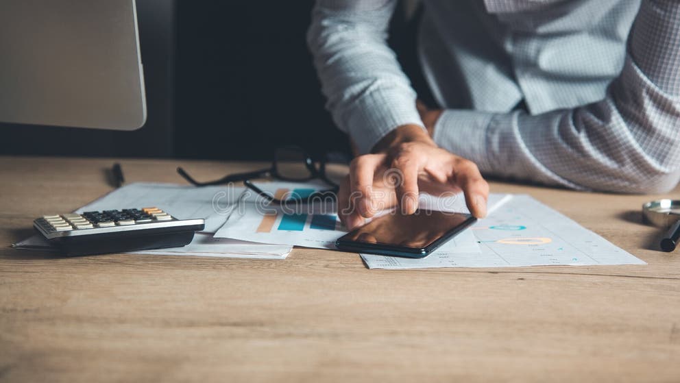 Man Hand Notepad with Computer on Desk. Stock Photo - Image of note ...