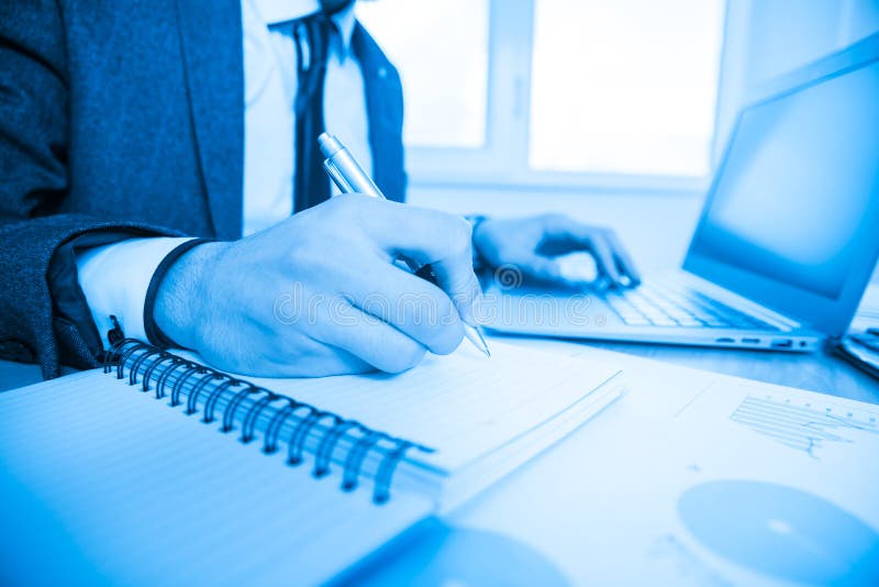 Man Hand Notepad and Computer Stock Image - Image of resources, hand ...