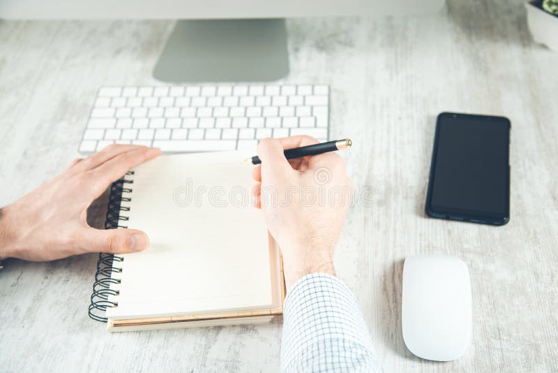Man Hand Notepad with Keyboard on Desk Stock Image - Image of ...