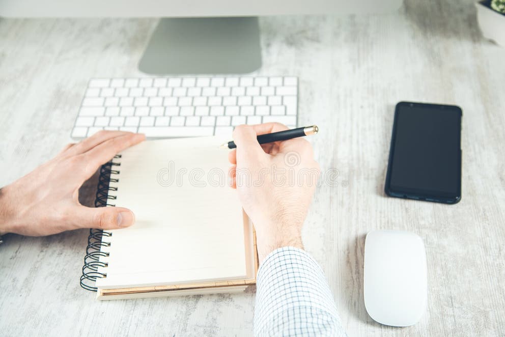 Man Hand Notepad with Keyboard on Desk Stock Image - Image of ...