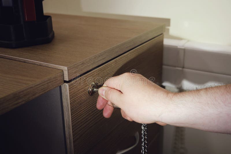 Man Hand Opens the Office Desk Drawer, Close Up Stock Photo - Image of ...
