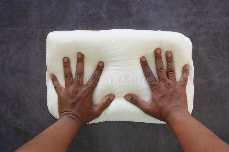Man Hand on Orthopedic Pillow on a Bed Stock Photo - Image of cotton ...