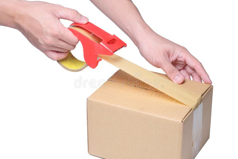 Man Hand Packing Box with Tape on Cardboard Box. Stock Image - Image of ...