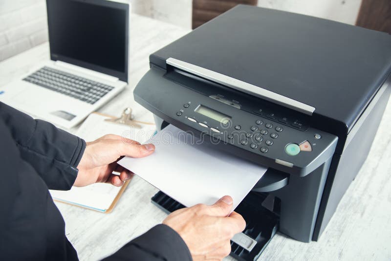 Man Hand Paper in Printer and Computer Stock Image - Image of people ...