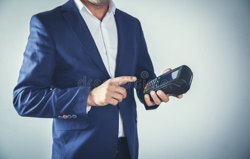 Paymant Terminal in Hands on Black Background. Contactless Terminal in ...