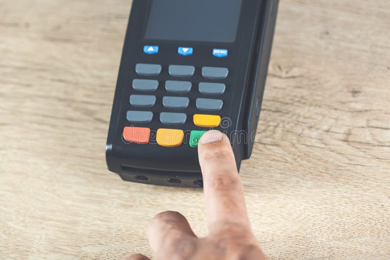 Man Hand Payment Terminal on Desk Stock Image - Image of technology ...