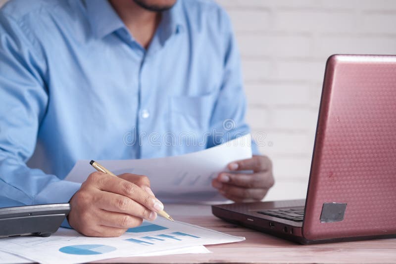 Man Hand with Pen Analyzing Bar Chart on Paper Stock Image - Image of ...
