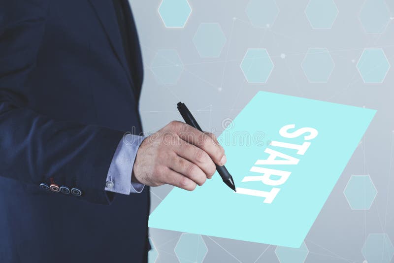 Man Hand Pen with Start Text Stock Photo - Image of marketing, screen ...