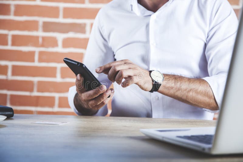 Man Hand Phone with Computer Stock Photo - Image of home, technology ...