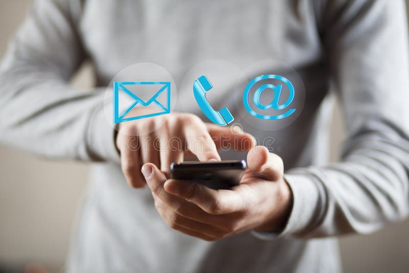 Man Hand Phone with Contact Icons in Screen Stock Photo - Image of hand ...