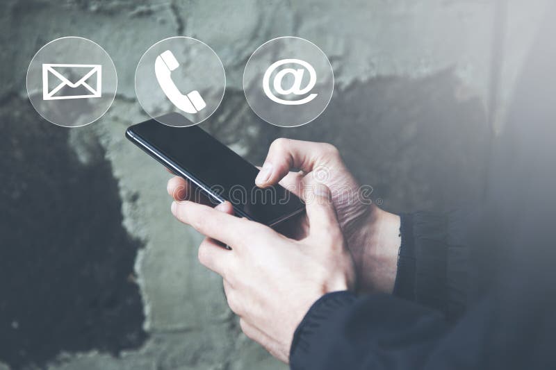 Man Hand Phone with Contact Icons in Screen Stock Image - Image of ...