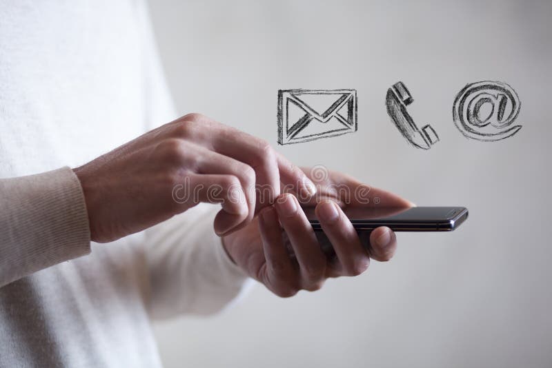 Man Hand Phone with Contact Icons in Screen Stock Photo - Image of ...