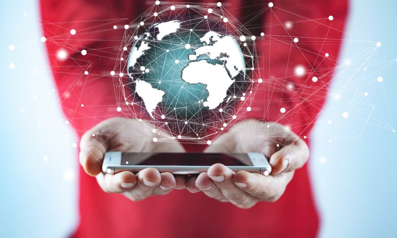 Man Hand Phone with Globe Network Stock Photo - Image of communication ...
