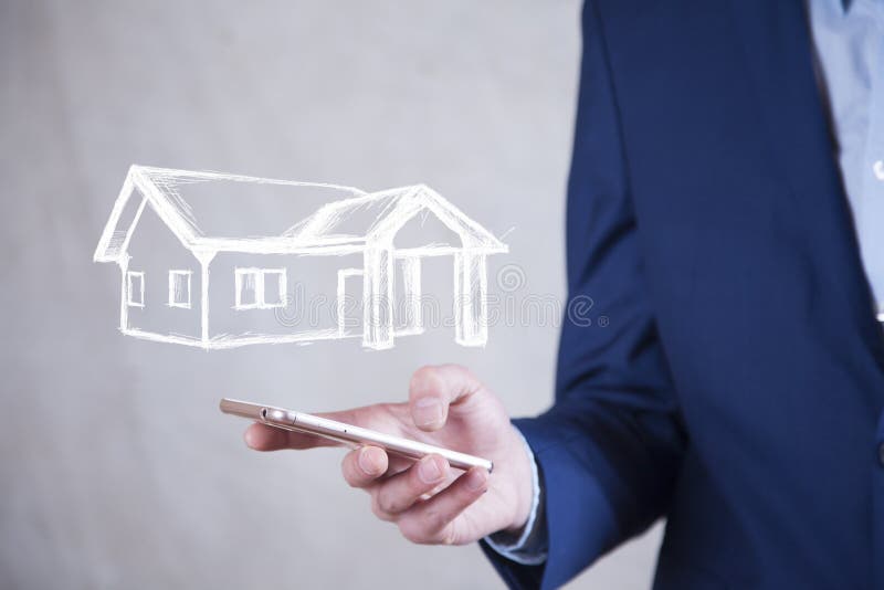 Man Hand Phone and House in Screen Stock Image - Image of model, estate ...