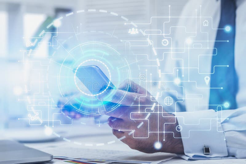 Man Hand with Phone and HUD Interface Stock Photo - Image of immersive ...