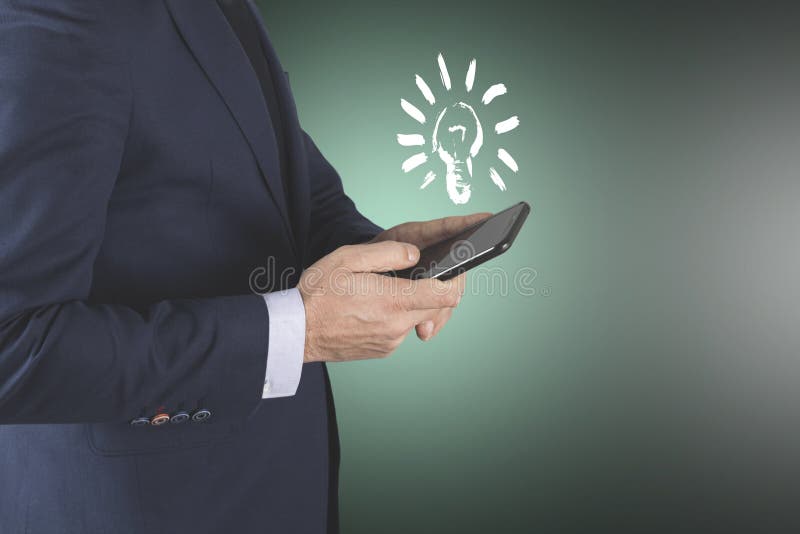 Man Hand Phone with Light Bulb in Screen Stock Photo - Image of digital ...
