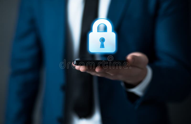 Man hand phone with lock stock image. Image of secure - 194581297