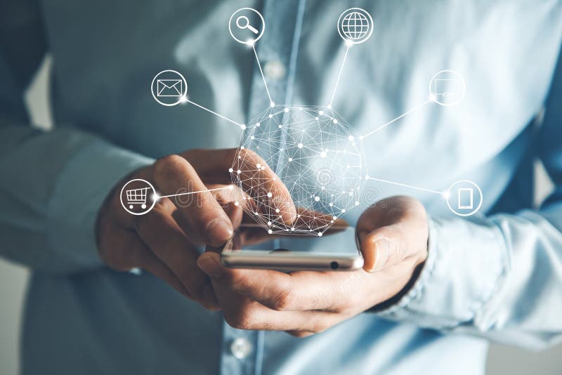 Man Hand Phone with Network in Screen Stock Photo - Image of technology ...