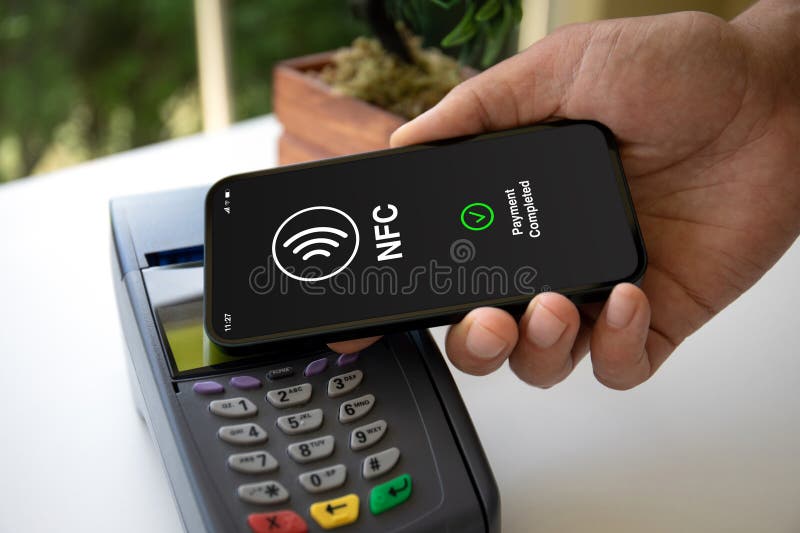 Man Hand Phone Pay Wireless Technology Nfc Via Pos Terminal Stock Image ...