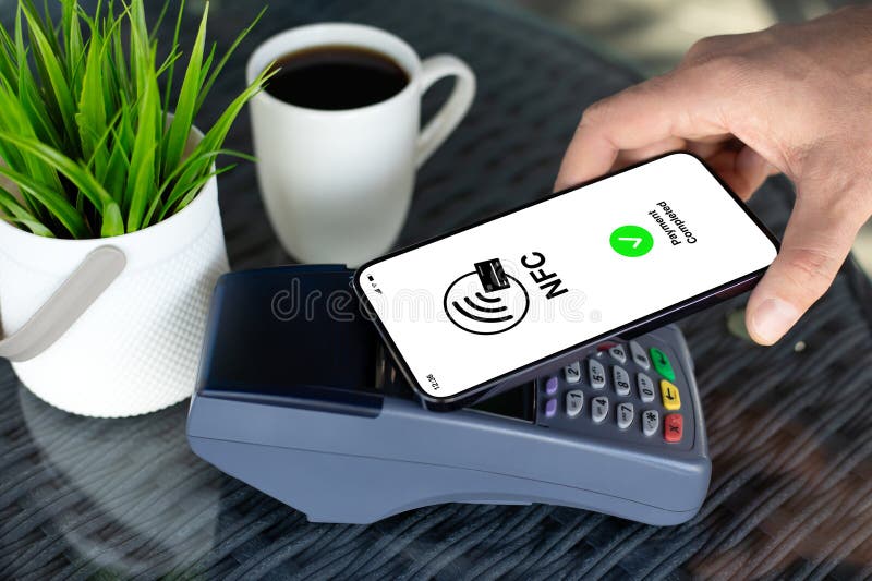 Man Hand Phone Pay Wireless Technology Nfc Via Pos Terminal Stock Photo ...