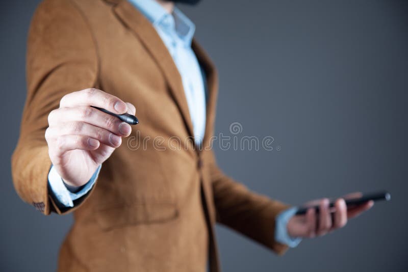 Man Hand Phone with Pen in Screen. Stock Image - Image of stylus, touch ...