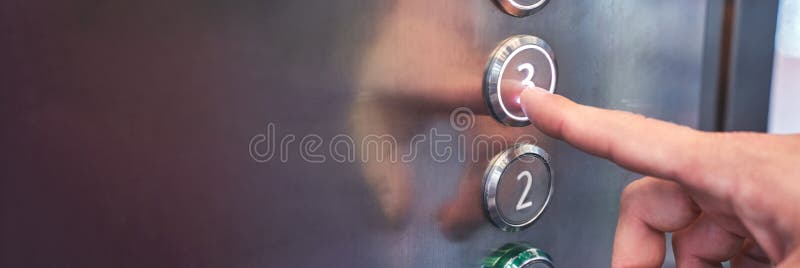 Man Hand Pointing Number 3 Button in Elevator. Steel Interior Panel ...