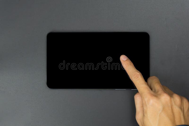 A Man Hand Press on Empty Tablet Screen on Blackboard Stock Image ...