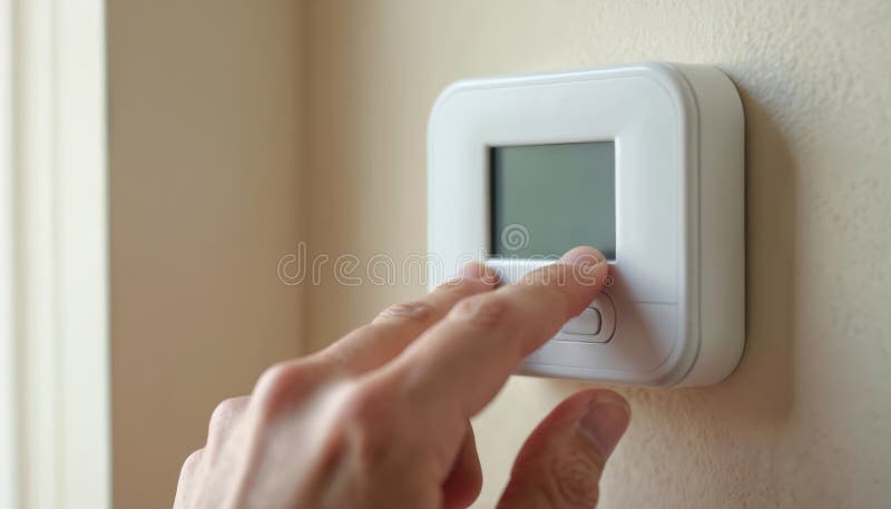 Man Hand Presses Button on Home Heating, Cooling System Control Unit ...
