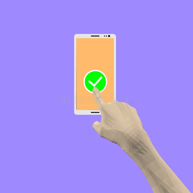 A Man Hand Presses a Finger on the Phone Screen with the Approval ...