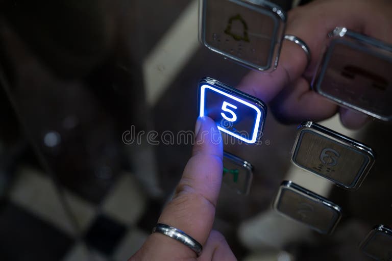 Man Hand Pressing Button of Elevator To Fifth Floor Stock Image - Image ...