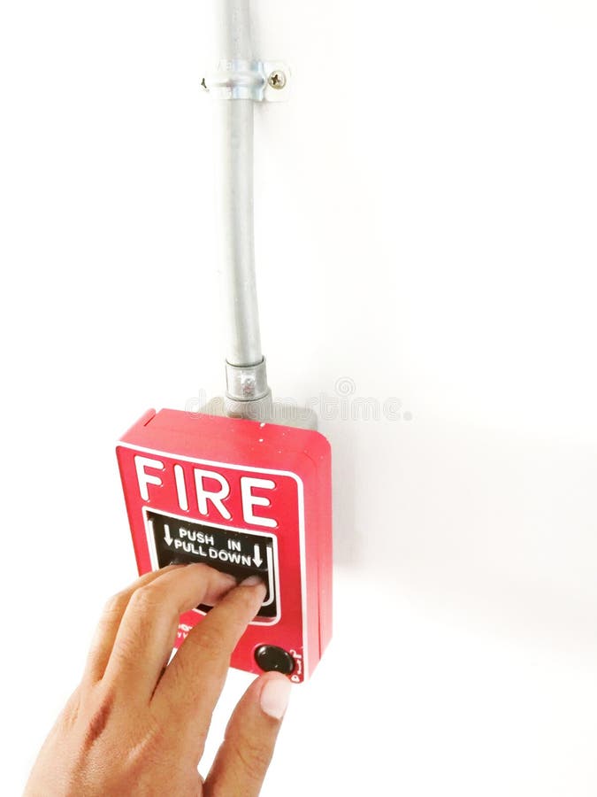 Man Hand Pressing Fire Alarm on White Wall. Stock Image - Image of ...