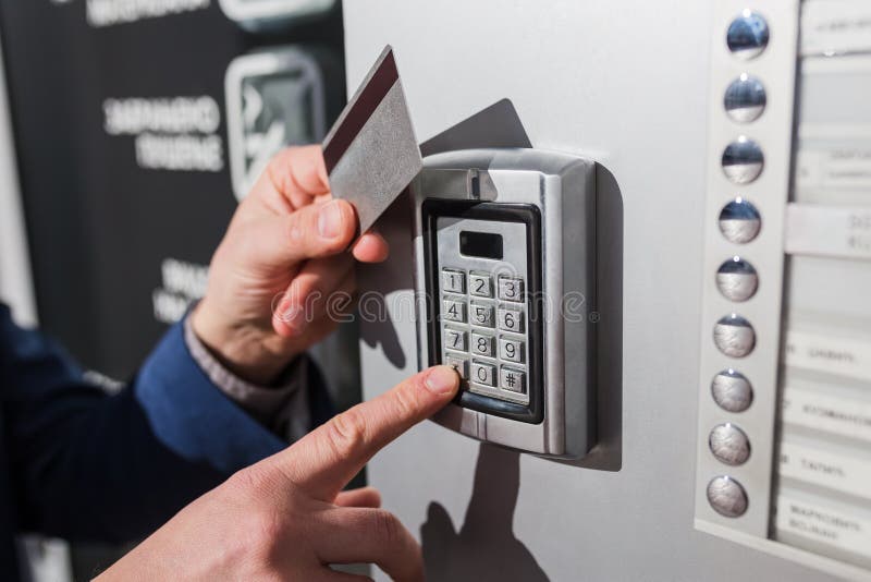 Man Scanning Security Key Card on Electric Lock To Entry Private ...